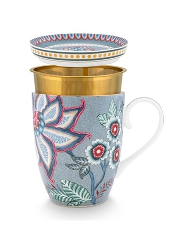 Sset à thé Pip Studio Flower Festival bleu avec filtre coupelle doré