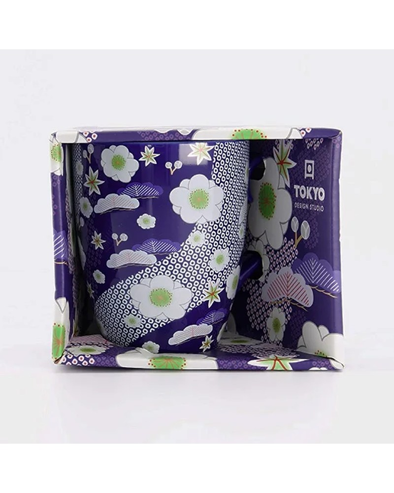 Mug Kawaii Tokyo Design | Lucky Cat Bleu à fleurs 380ml en porcelaine